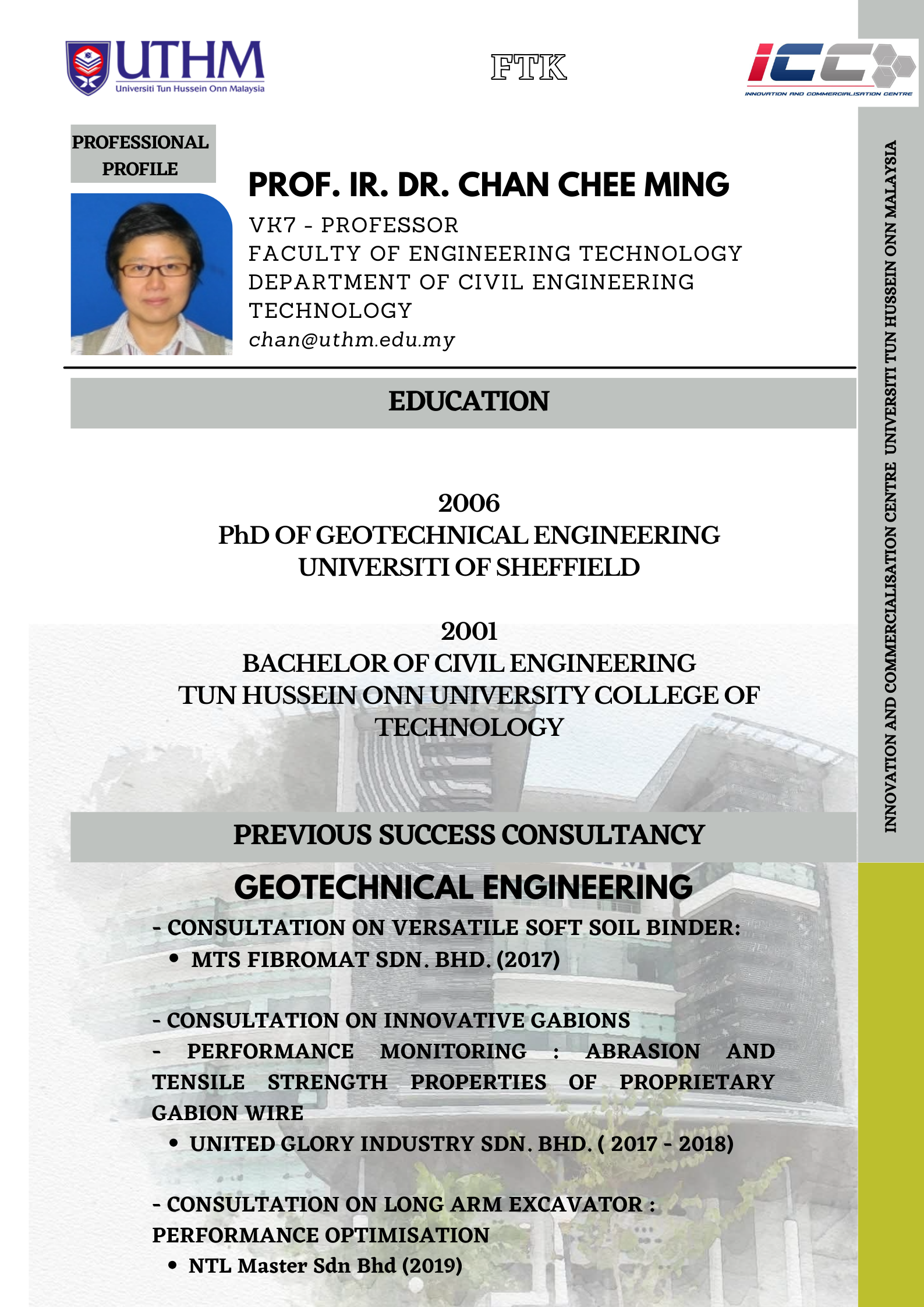 PROF. Ir. Dr. CHAN CHEE MING (FTK) - Official ICC UTHM Portal